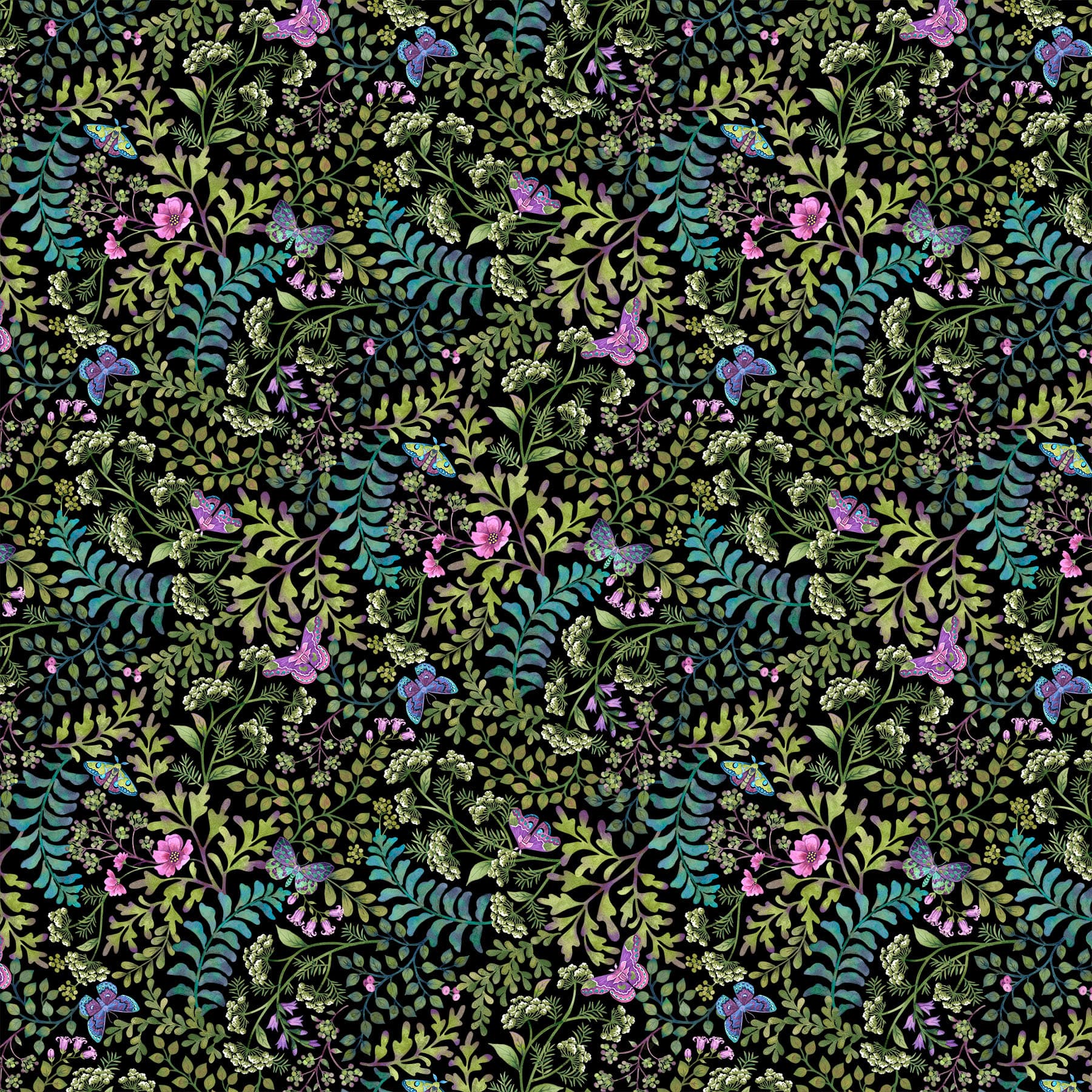 Nightshade - Moths and Ferns - black background – Little Patchwork Cottage